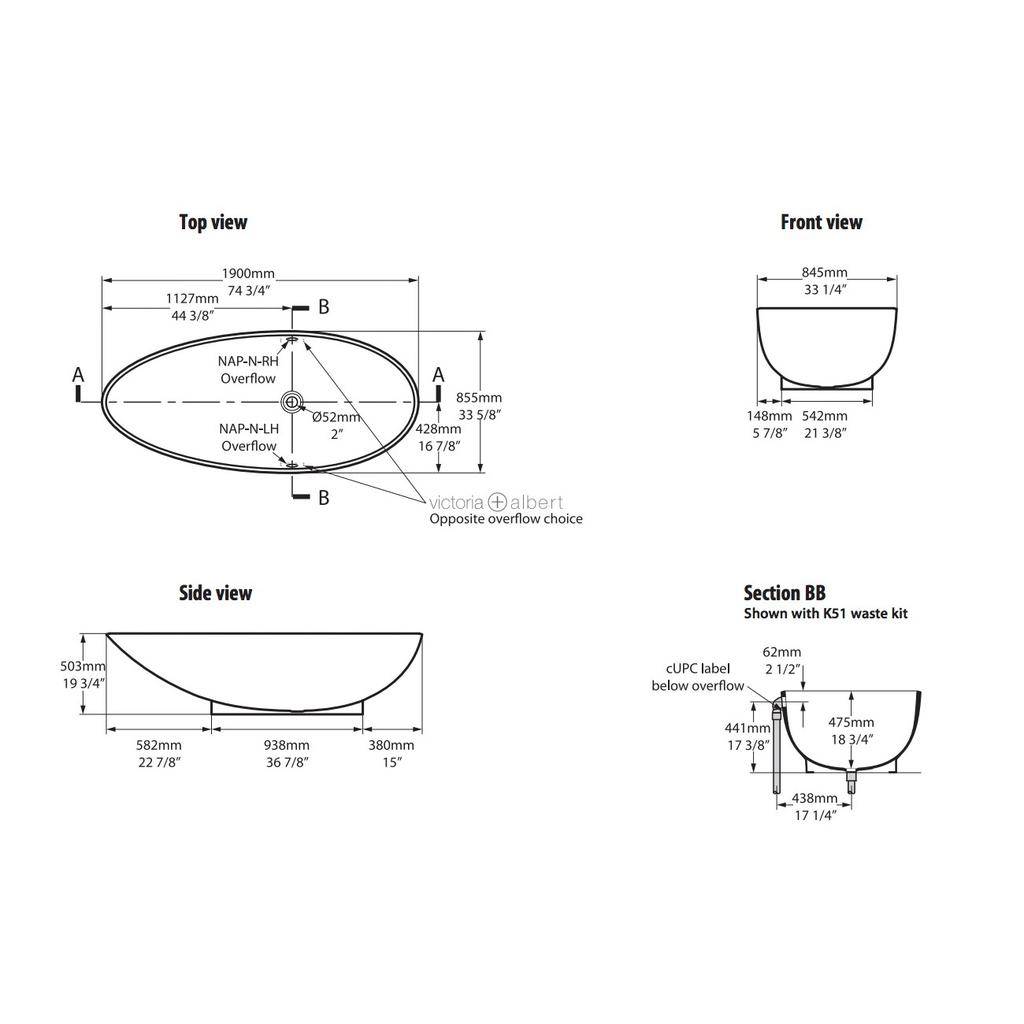 Victoria + Albert NAP-N-LH-SW-OF Napoli 75" Freestanding Bathtub
