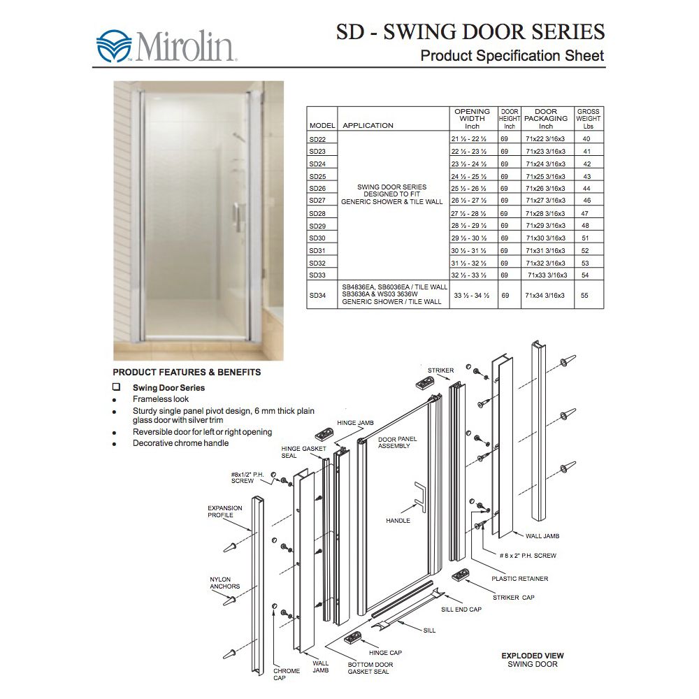 Mirolin SDM30PS SDM30 Swing Door Plain Silver